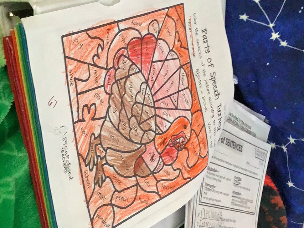 Parts of Speech Turkey Color the sections | StudyX
