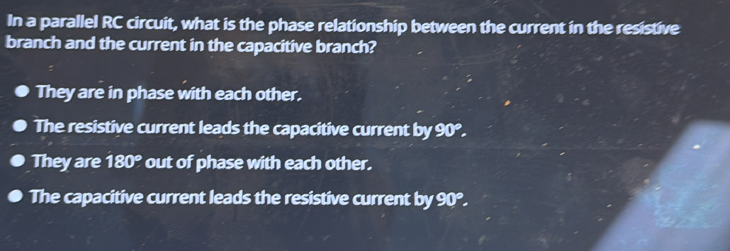 In a parallel RC circuit, what is the phase | StudyX