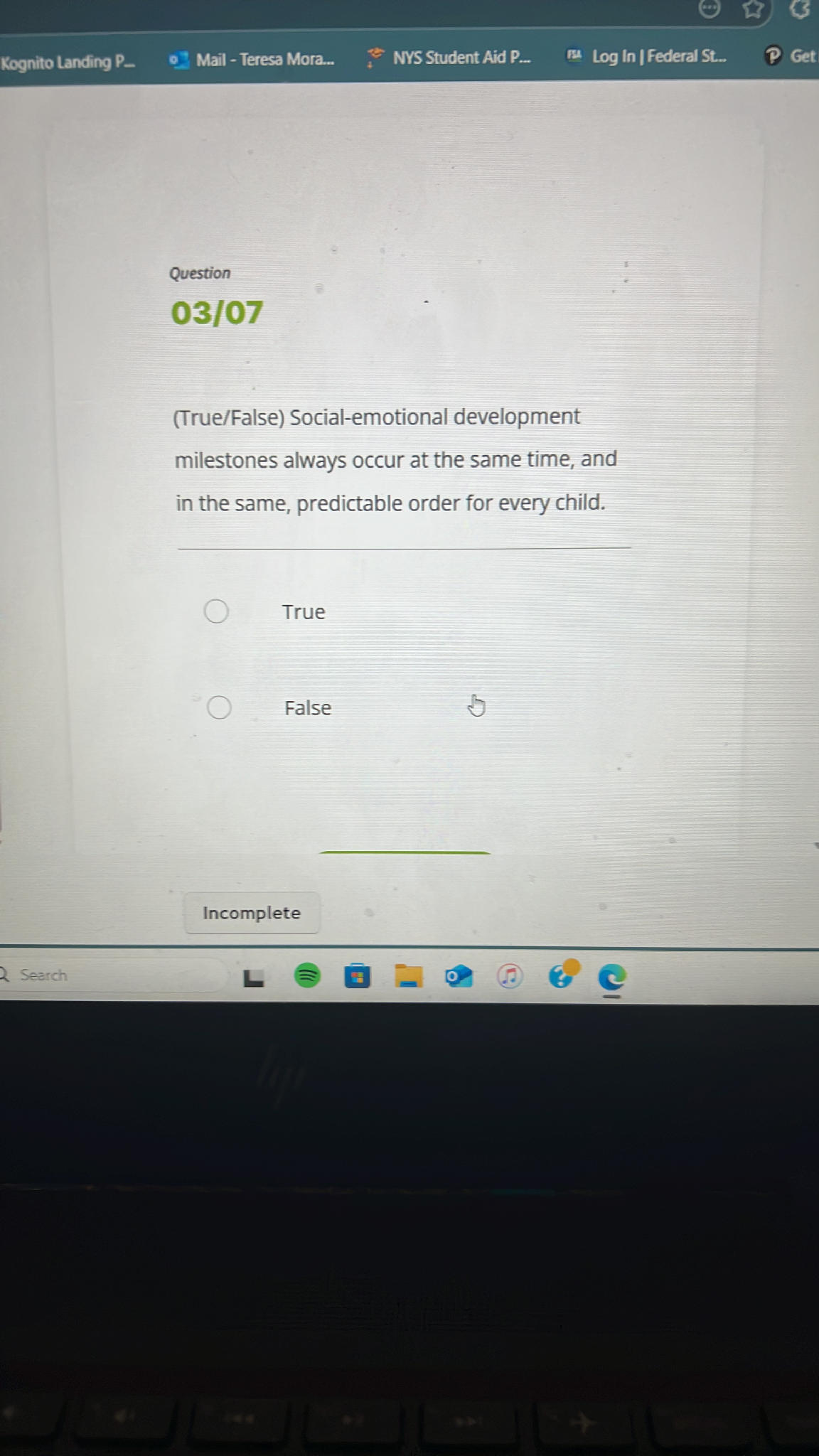 (True/False) Social-emotional development | StudyX