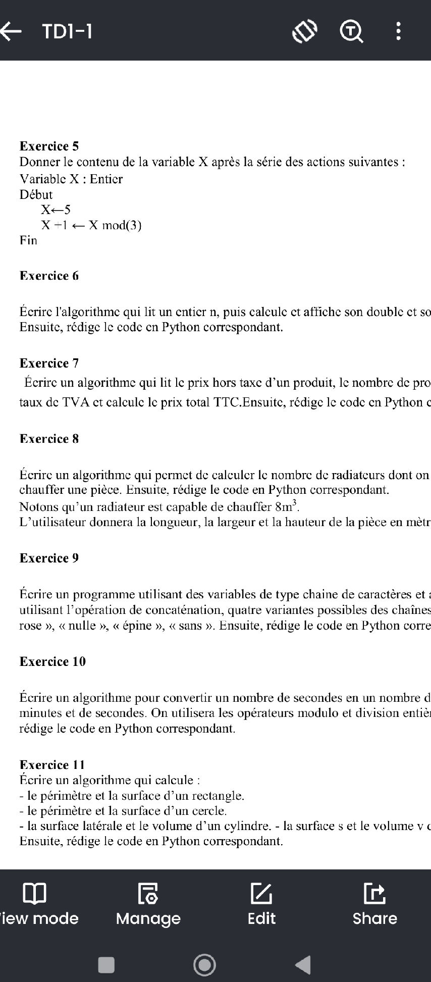 Exercice 11 Écrire un algorithme qui | StudyX