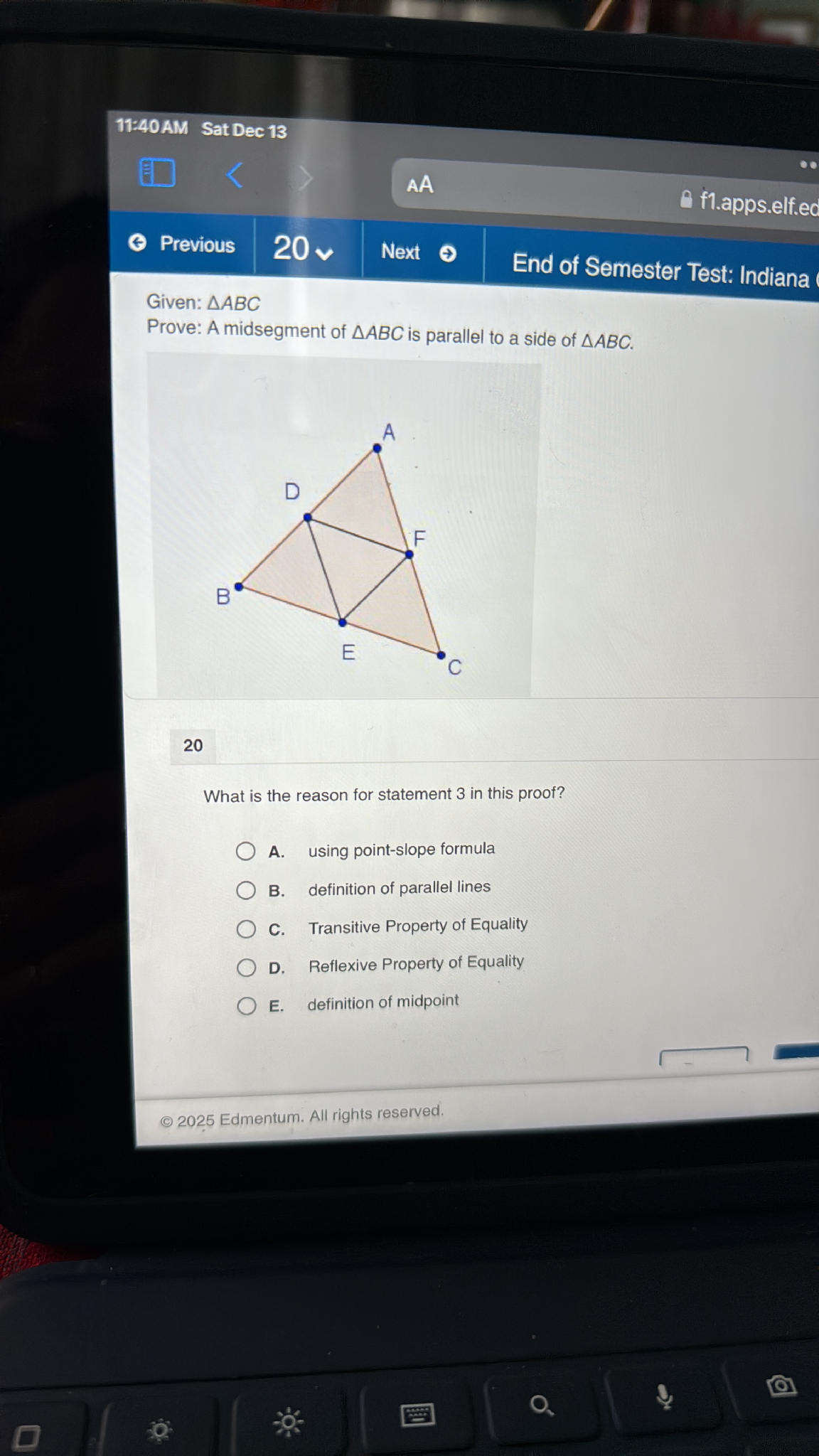 Given: $ ABC$ Prove: A midsegment of $ | StudyX