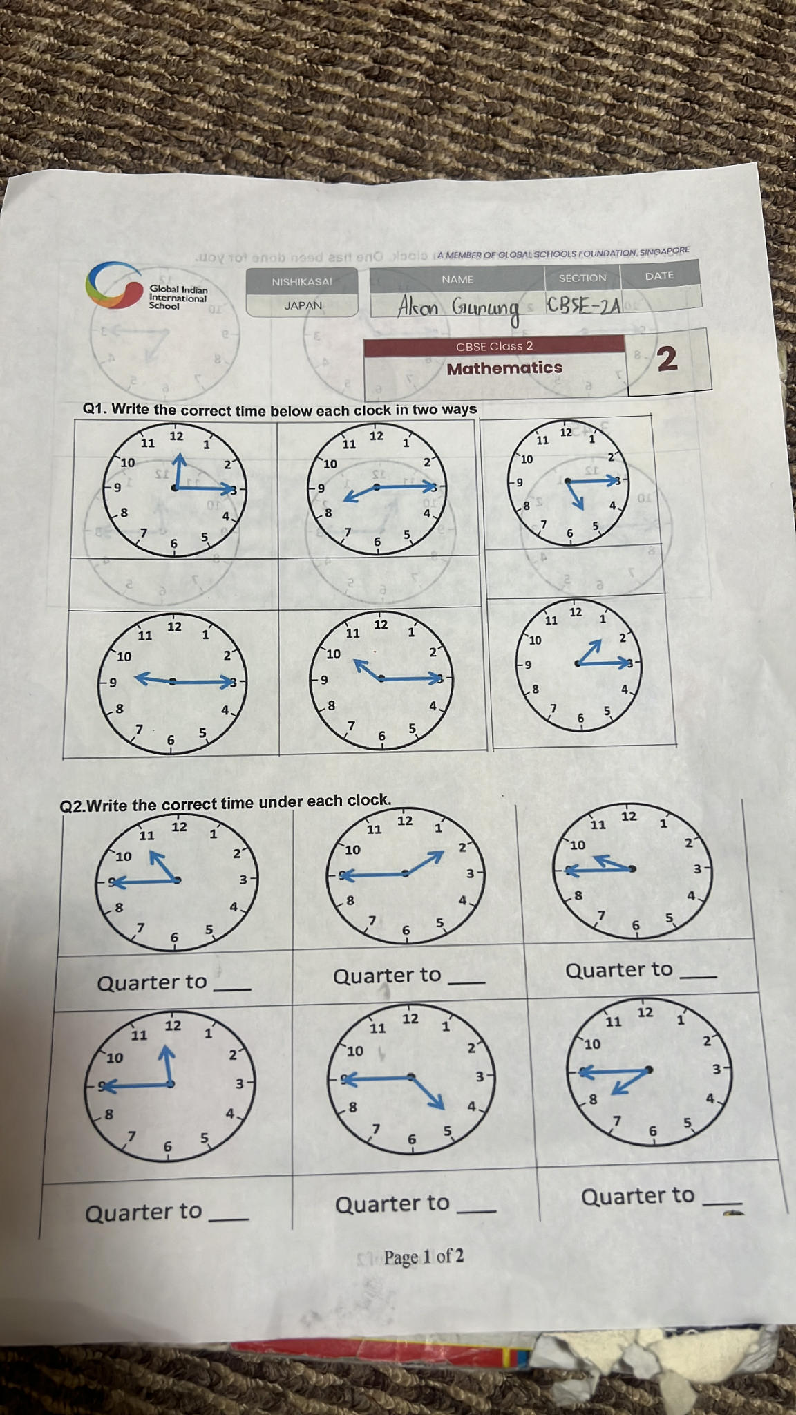 Q1. Write the correct time below each clock | StudyX