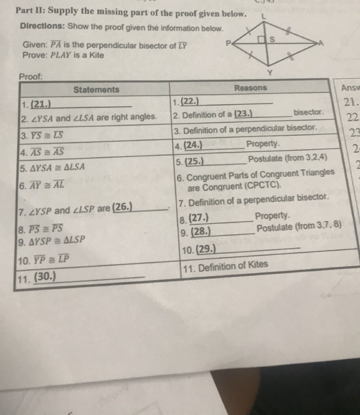 Part II: Supply the missing part of the | StudyX