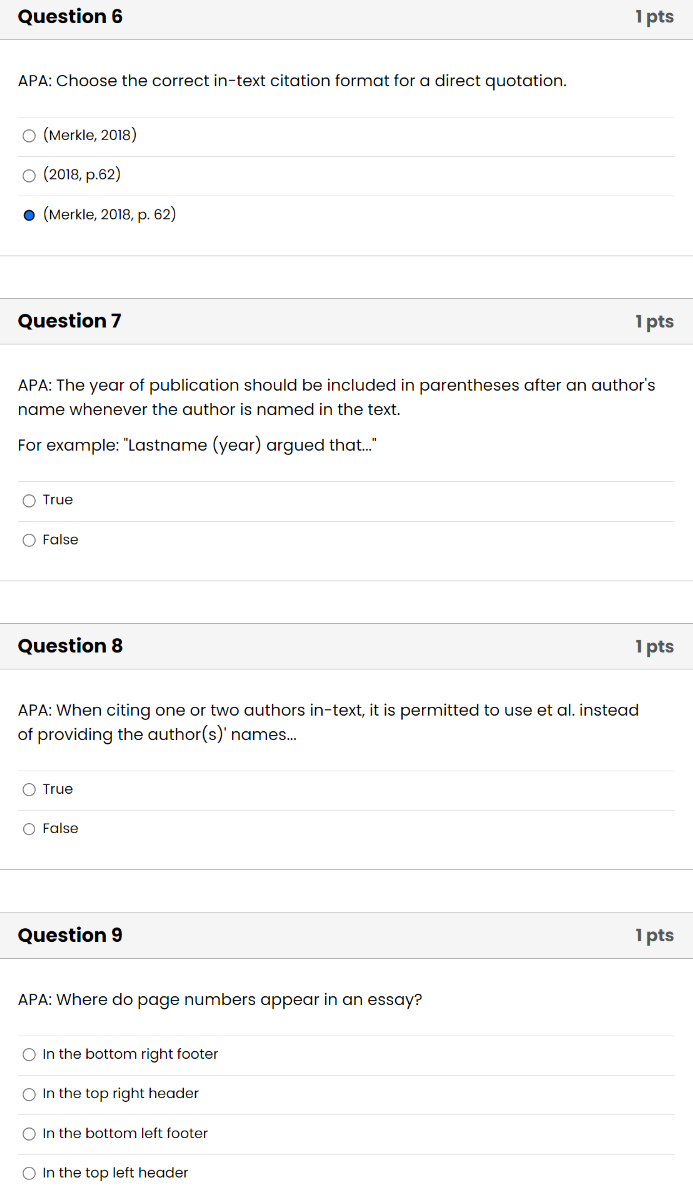Question 6 1 pts APA Choose the correct | StudyX