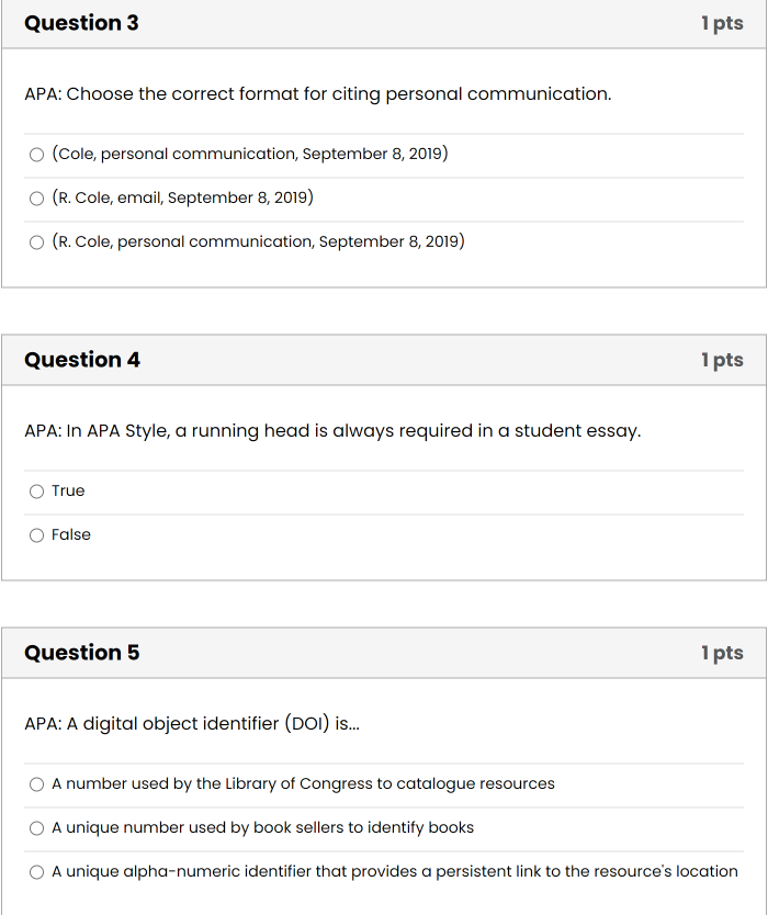 Question 3 1 pts APA Choose the correct | StudyX