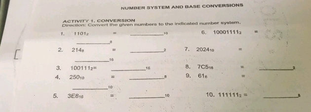 NUMBER SYSTEM AND BASE CONVERSIONS ACTIVITY | StudyX