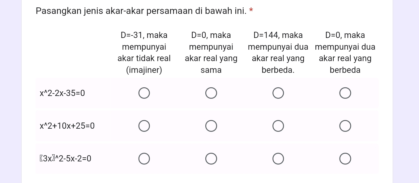 Pasangkan jenis akar-akar persamaan di | StudyX