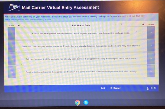 Mail Carrier Virtual Entry Assessment While