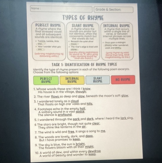 Name Grade Section TYPES OF RHYME PERFECT | StudyX