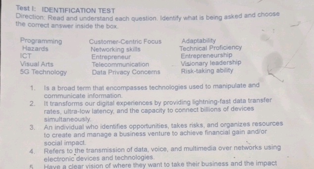 Test I IDENTIFICATION TEST Direction Read | StudyX