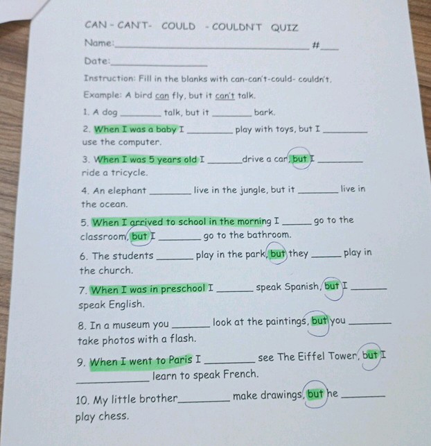 CAN - CANT- COULD - COULDNT QUIZ Name | StudyX