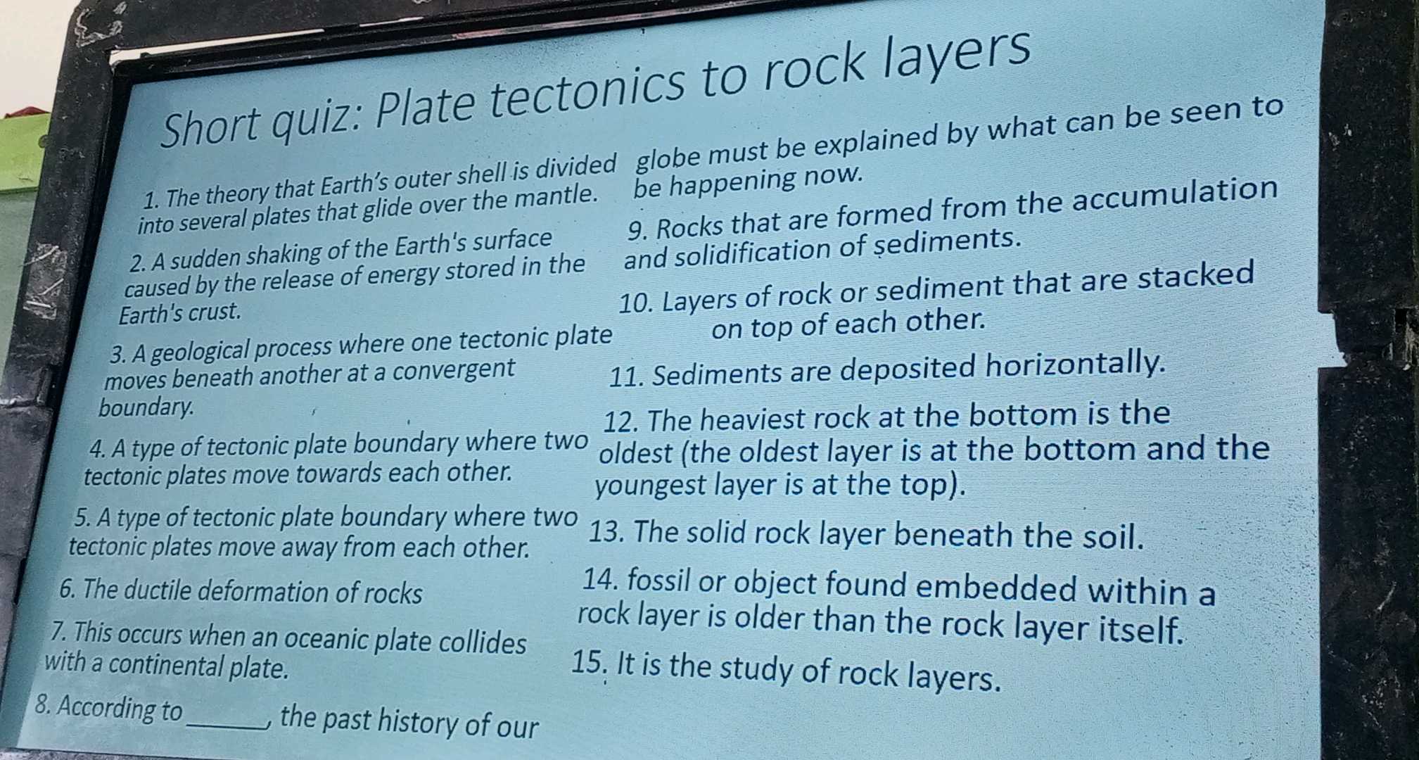 Short quiz Plate tectonics to rock layers 1 | StudyX