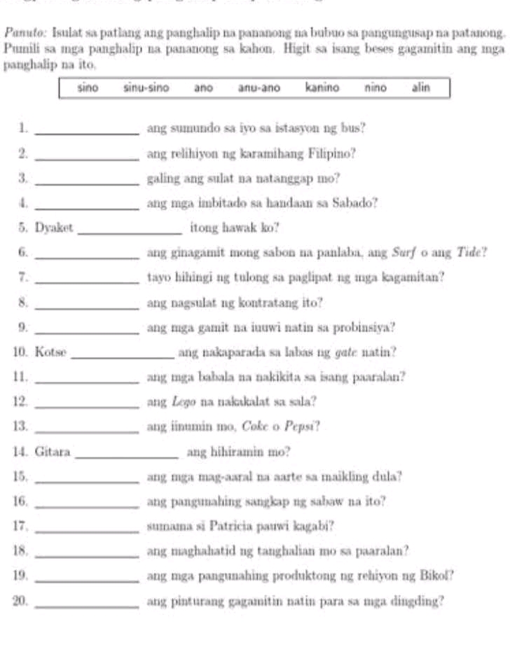 Panuto Isulat sa patlang ang panghalip na | StudyX