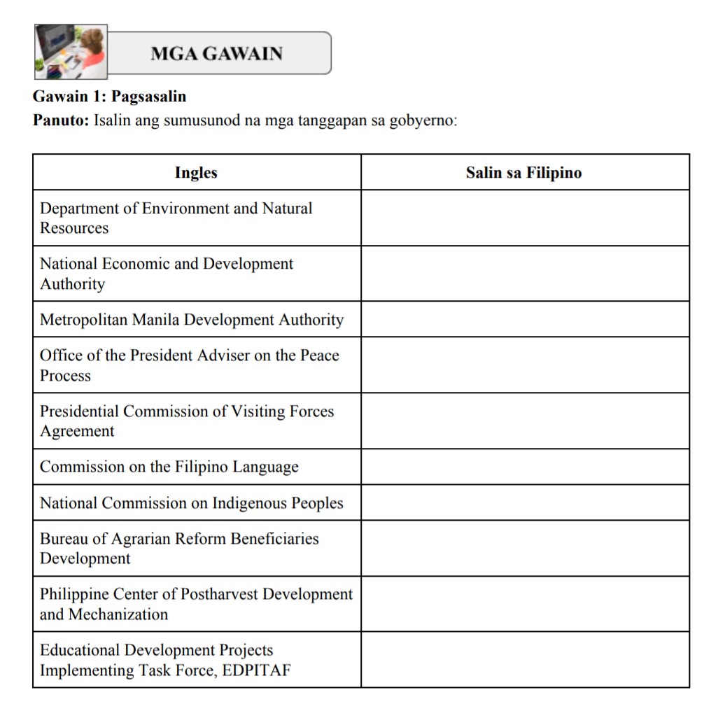 MGA GAWAIN Gawain 1 Pagsasalin Panuto | StudyX