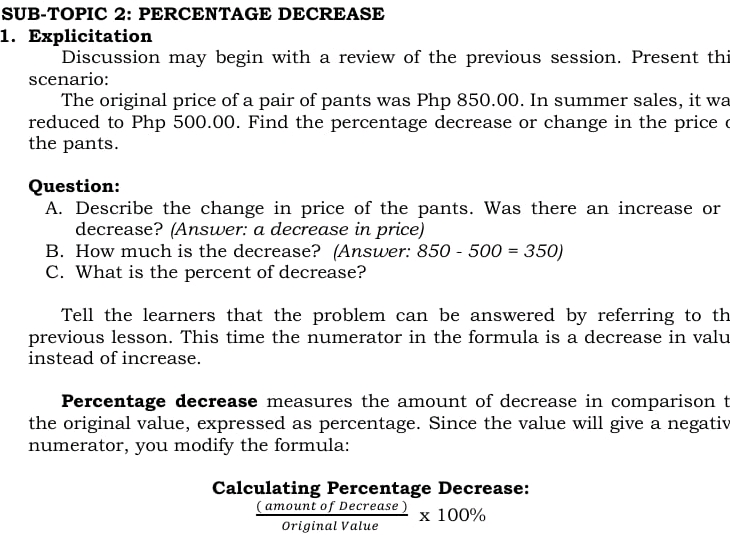 SUB-TOPIC 2 PERCENTAGE DECREASE 1 | StudyX