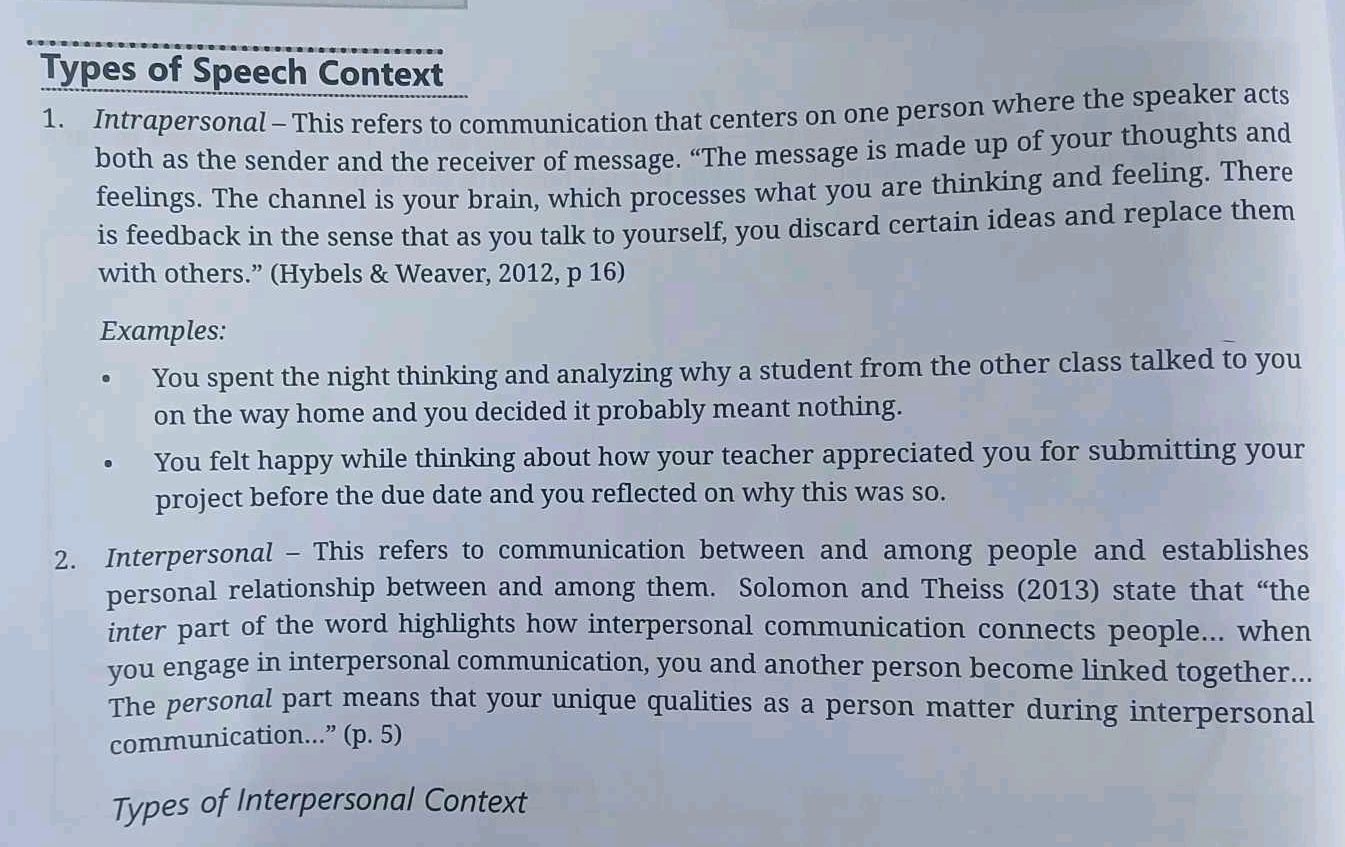 Types of Speech Context 1 Intrapersonal - | StudyX
