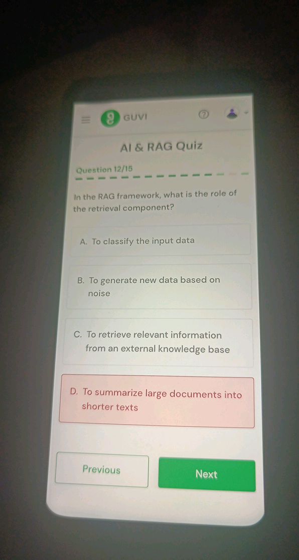 Al RAG Quiz Question 12 / 15 In the RAG | StudyX