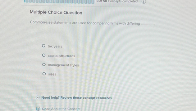 0 of 50 concepts completed (i) Multiple | StudyX