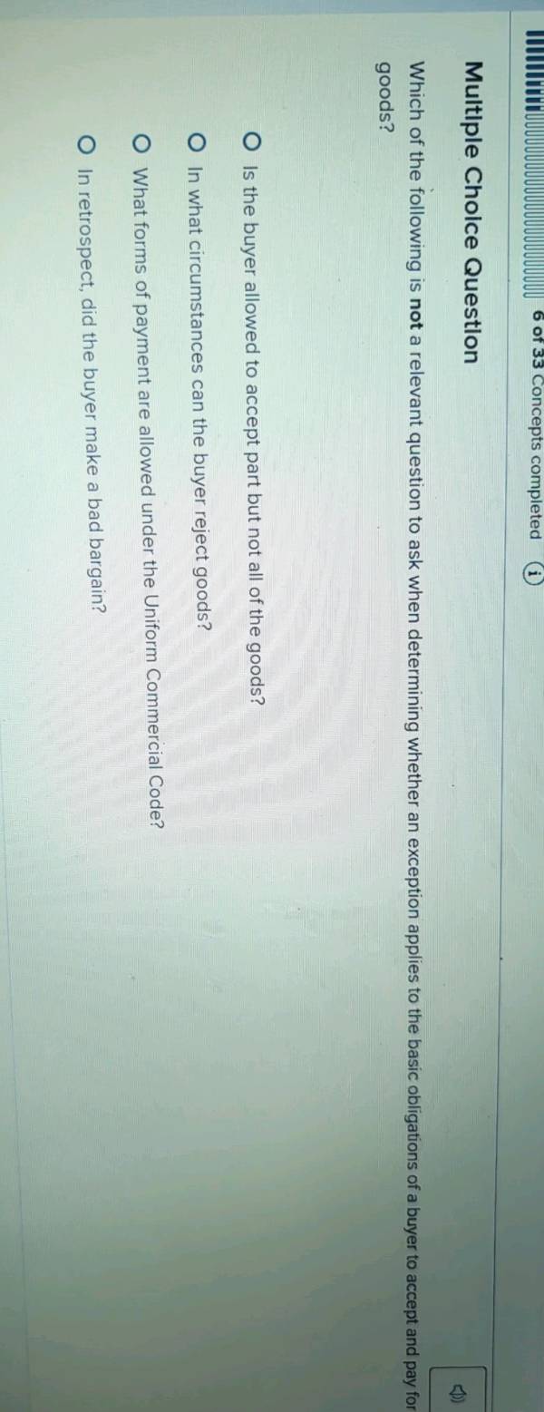 6 of 33 Concepts completed Multiple Choice | StudyX