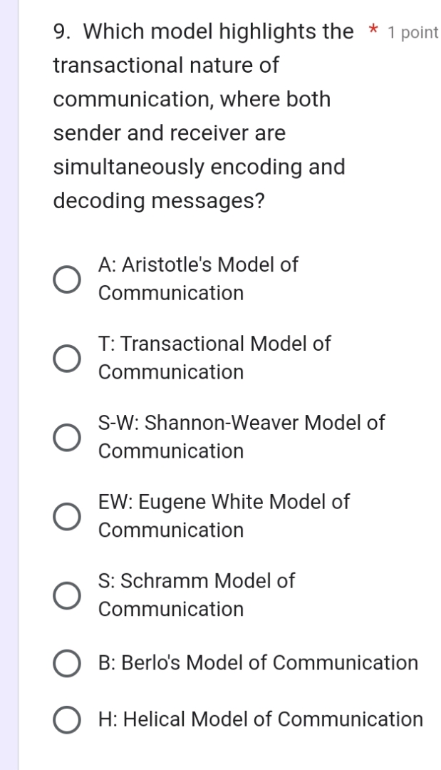 9 Which model highlights the 1 point | StudyX