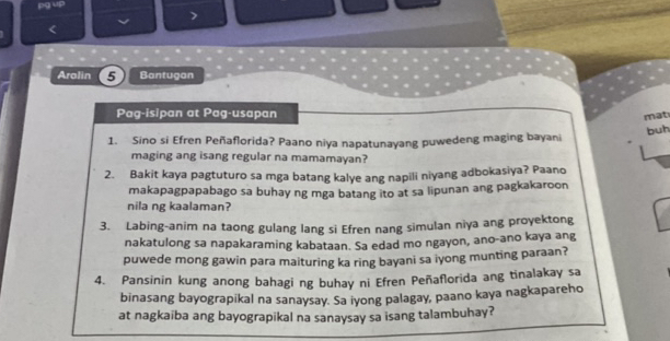Arollin 5 Bantugan Pag-isipan at Pag-usapan | StudyX