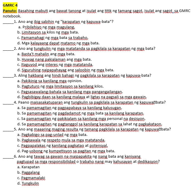GMRC 4 Panuto Basahing mabuti ang bawat | StudyX