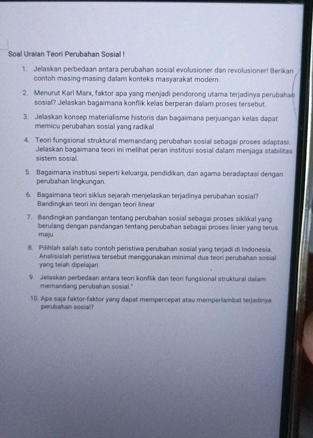Soal Uraian Teori Perubahan Sosial 1 | StudyX