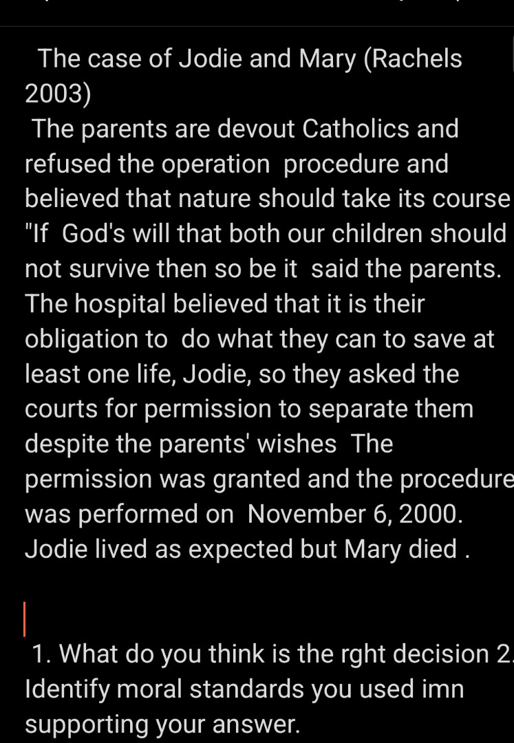 The case of Jodie and Mary (Rachels 2003) | StudyX