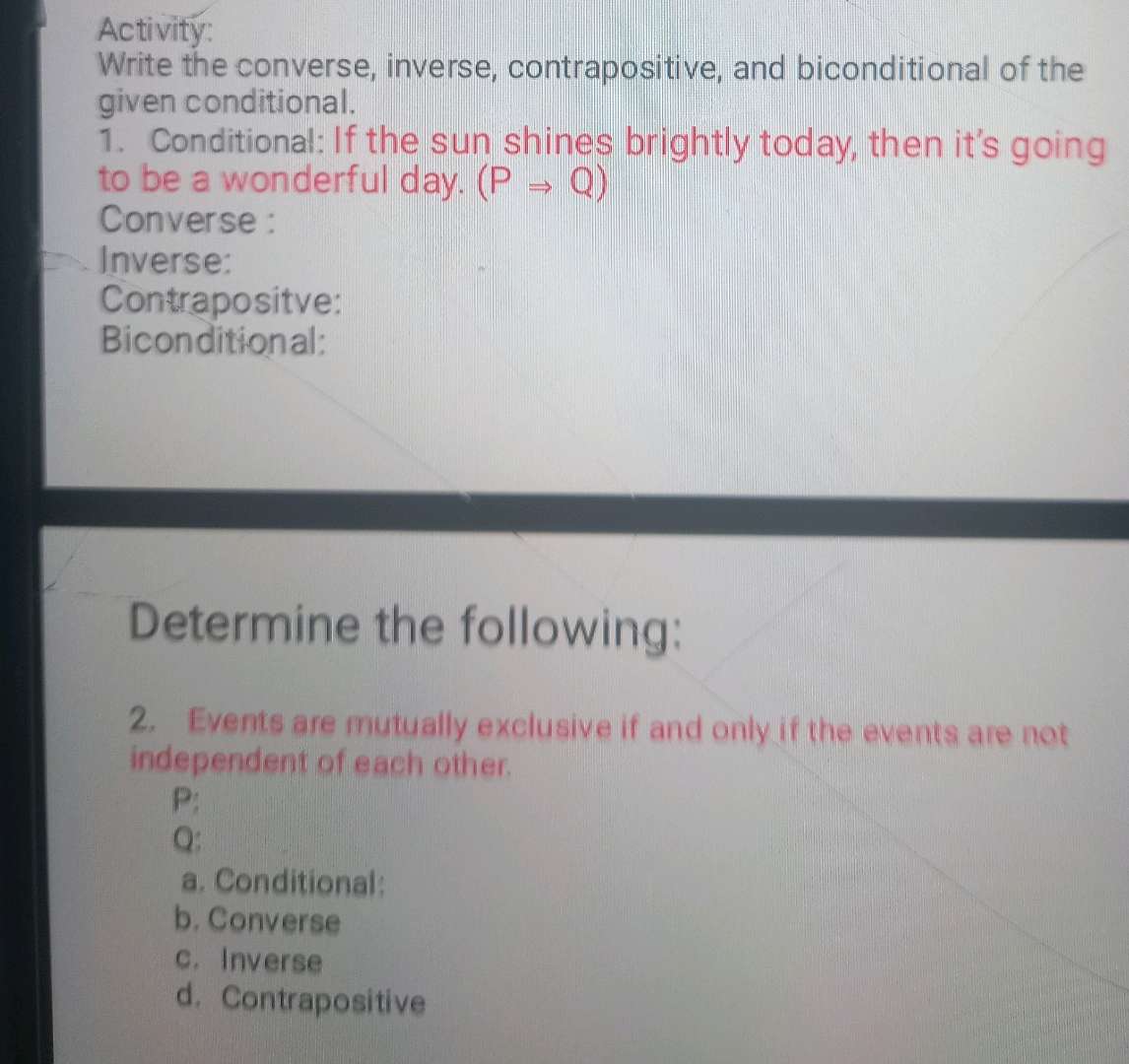 Activity Write the converse inverse | StudyX
