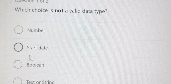 Which choice is not a valid data type | StudyX