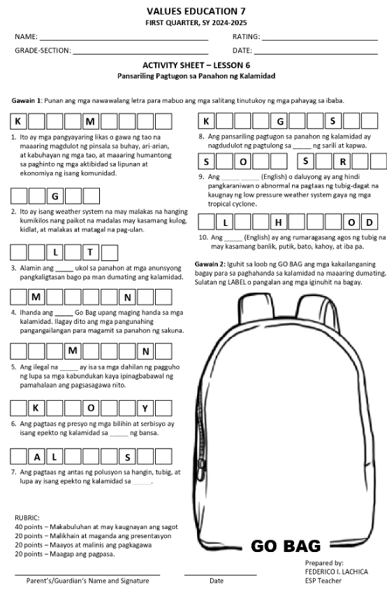 VALUES EDUCATION 7 FIRST QUARTER SY | StudyX