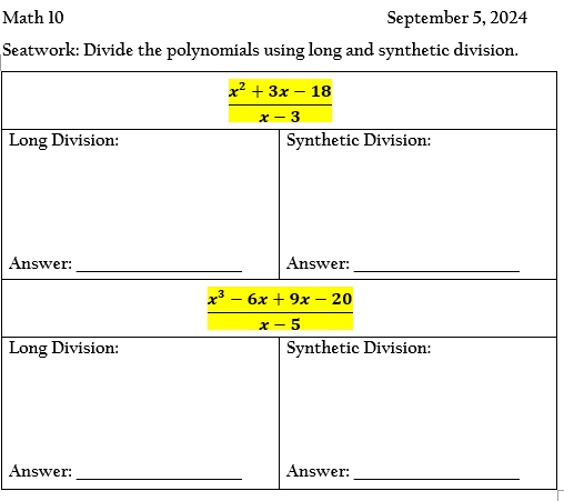 Math 10 September 5 2024 Seatwork Divide | StudyX