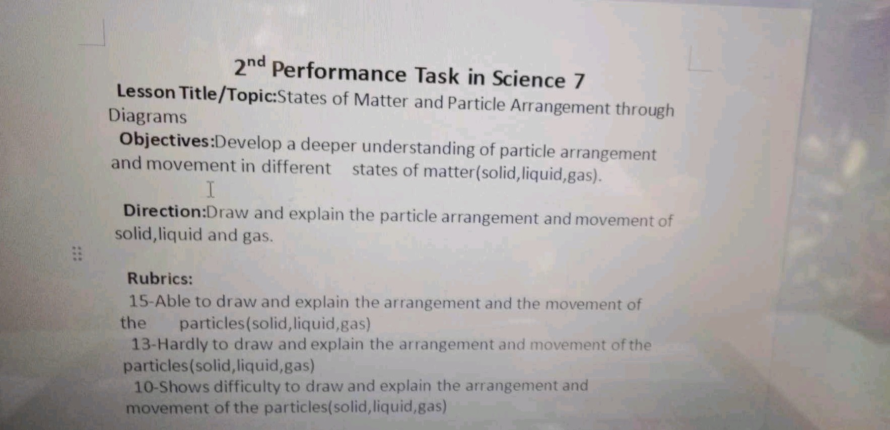 2 nd Performance Task in Science 7 Lesson | StudyX