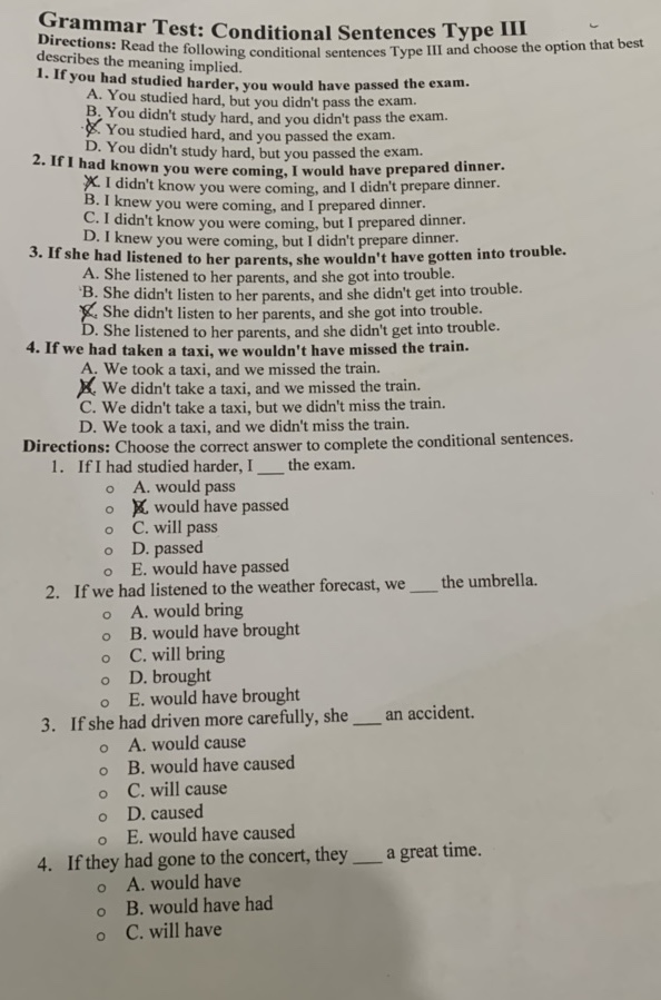 Grammar Test Conditional Sentences Type III | StudyX
