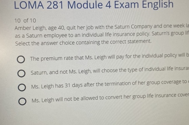 LOMA 281 Module 4 Exam English 10 of 10 | StudyX