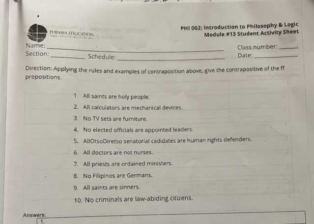 PHiNma EDUCATION Name Section Schedule | StudyX