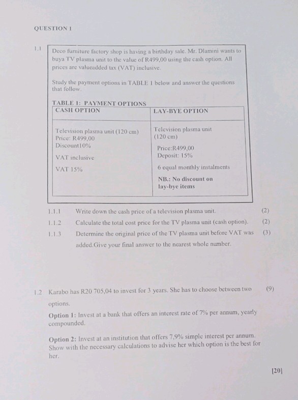 QUESTION 1 11 Deco furniture factory shop | StudyX