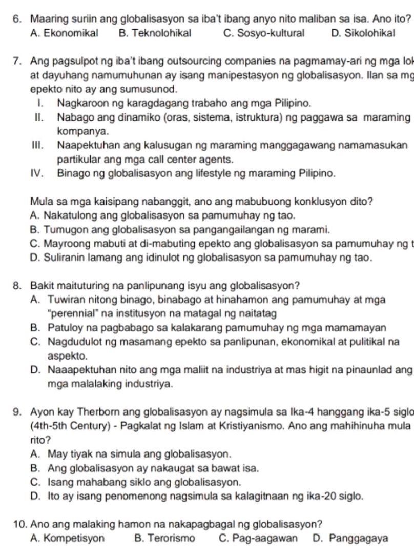 6 Maaring suriin ang globalisasyon sa ibat | StudyX