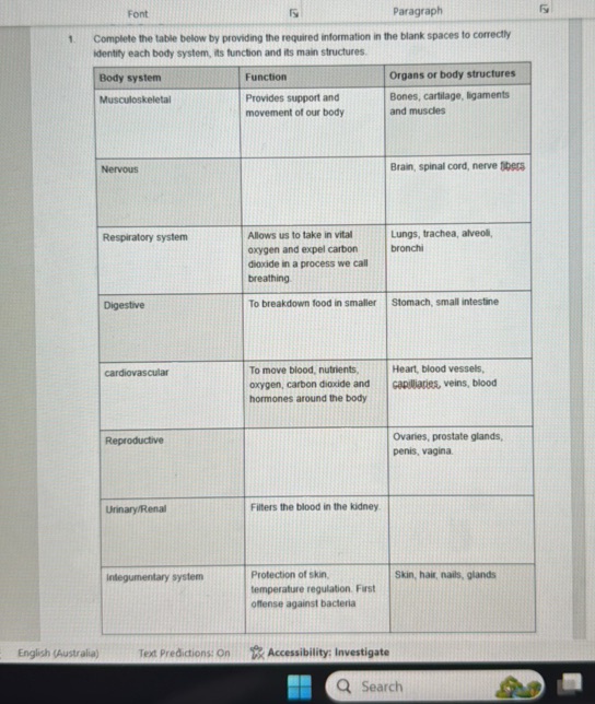 Font Paragraph 1 Complete the table below | StudyX
