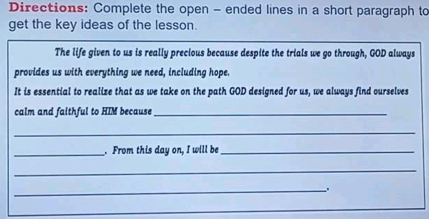 Directions Complete the open - ended lines | StudyX
