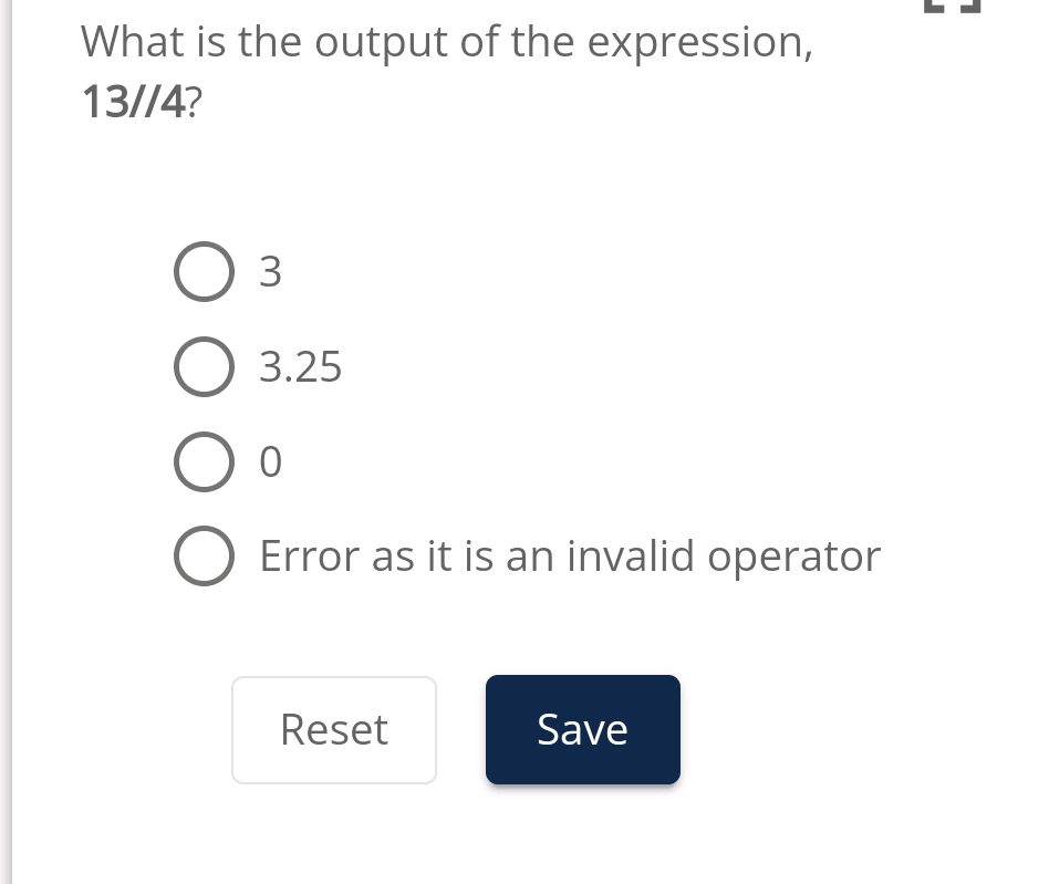 What is the output of the expression 13 4 3 325 0 Error as it is an ...