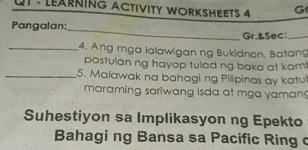 Pangalan ACTIVITY WORKSHEETS 4 Gr Gr Sec | StudyX