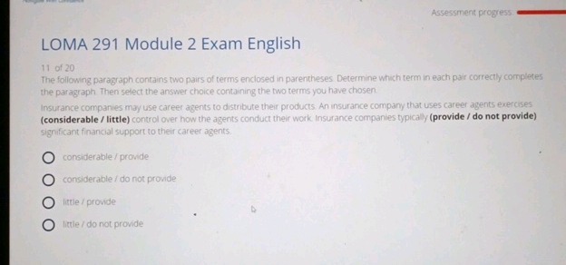 Assessment progress LOMA 291 Module 2 Exam | StudyX