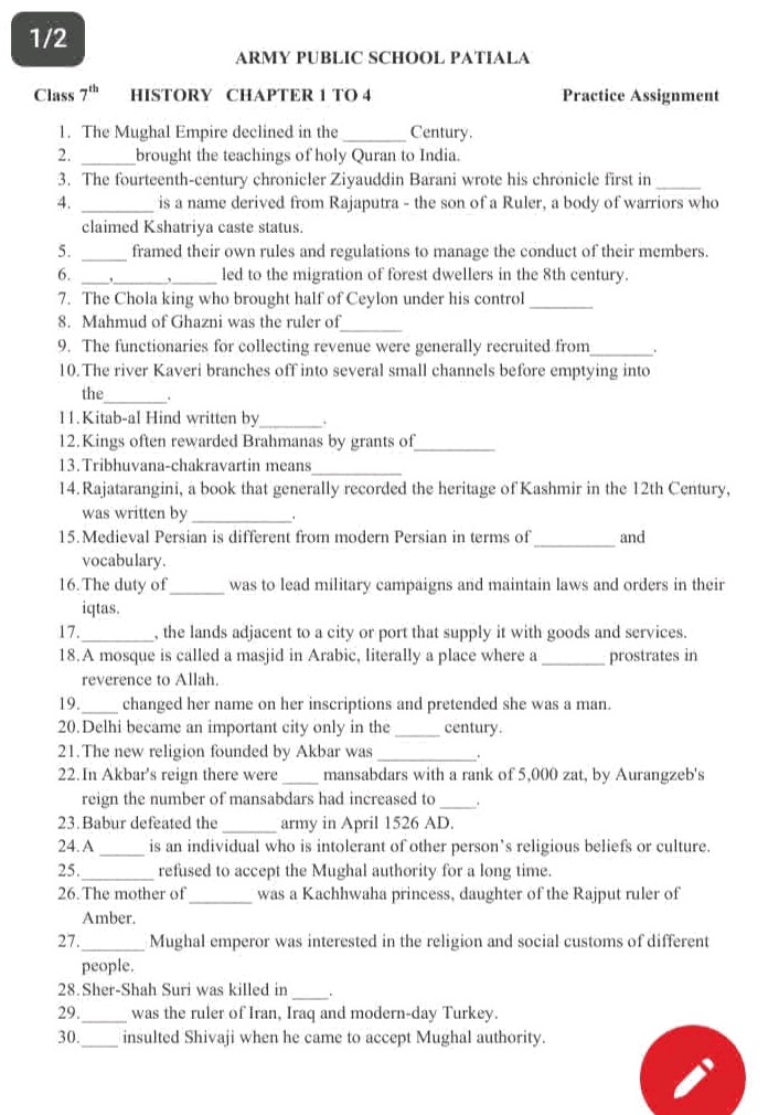 1 / 2 ARMY PUBLIC SCHOOL PATIALA Class 7 th | StudyX