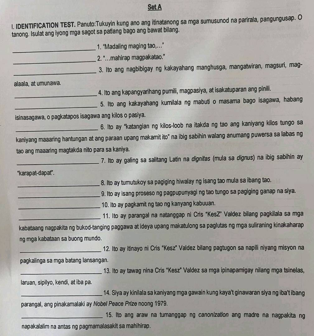 Set A I IDENTIFICATION TEST PanutoTukuyin | StudyX