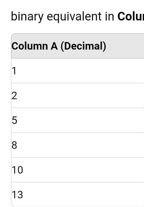 binary equivalent in Colu Column A | StudyX