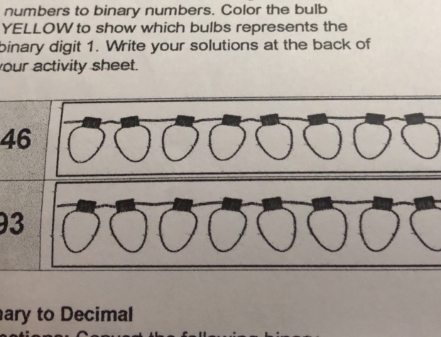 numbers to binary numbers Color the bulb | StudyX