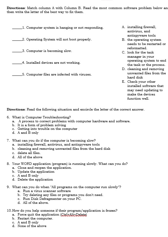Directions Match column A with Column B | StudyX