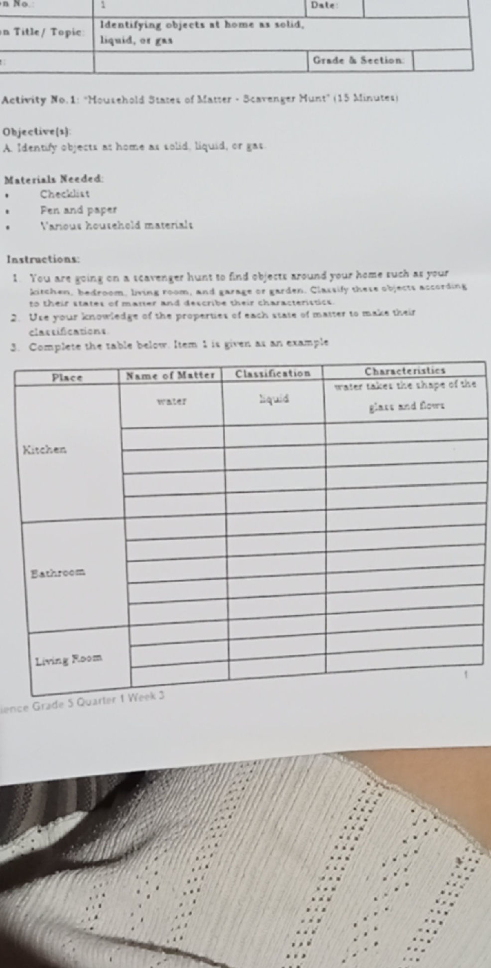 Activity No.1: "Household States of Matter