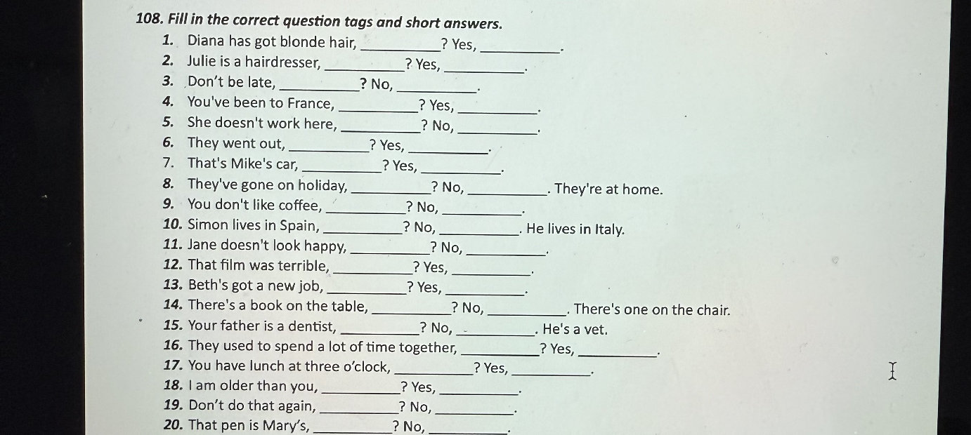 108. Fill in the correct question tags and | StudyX